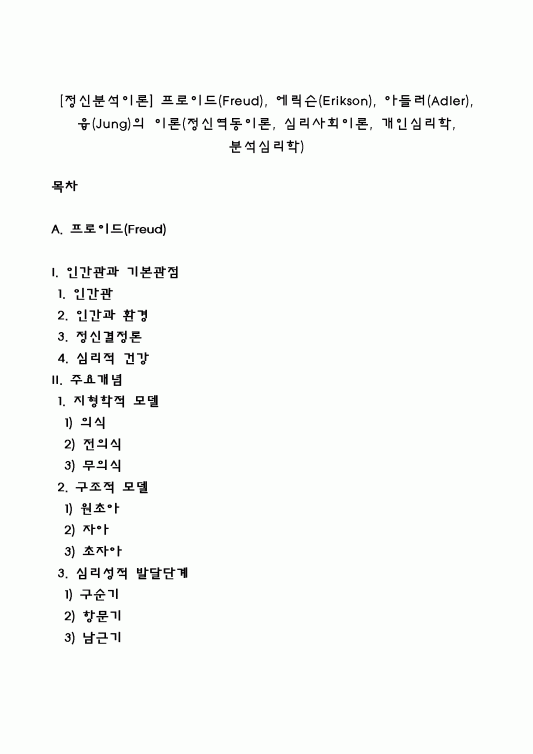 [정신분석이론] 프로이드(Freud), 에릭슨(Erikson), 아들러(Adler), 융(Jung)의 이론(정신역동이론, 심리사회이론, 개인심리학, 분석심리학)
