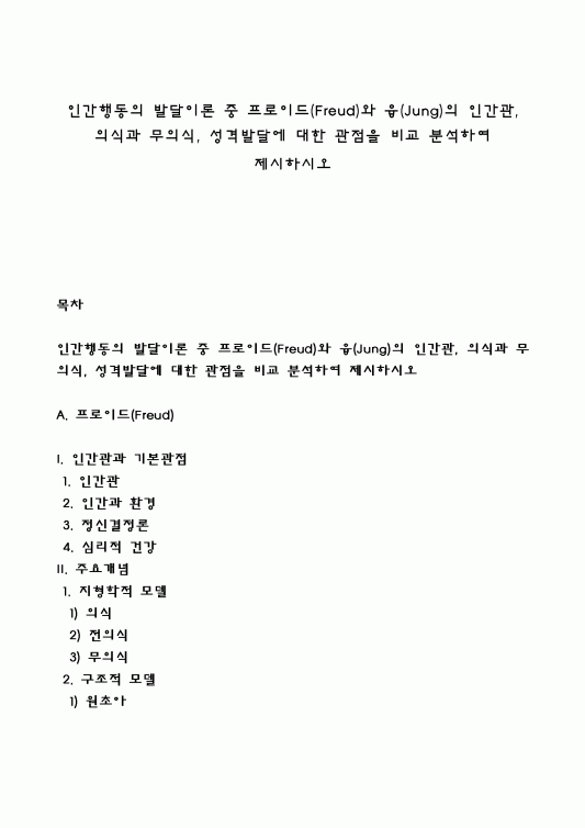 [사회과학] 인간행동의 발달이론 중 프로이드(Freud)와 융(Jung)의 인간관 의식과 무의식 성격발달에 대한 관점을 비교 분석하여 제시하시오