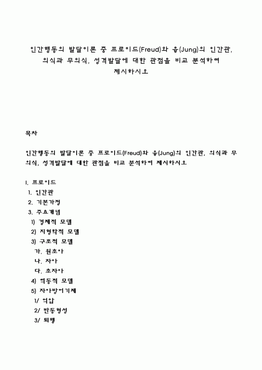 인간행동의 발달이론 중 프로이드(Freud)와 융(Jung)의 인간관 의식과 무의식 성격발달에 대한 관점을 비교 분석하여 제시하시오