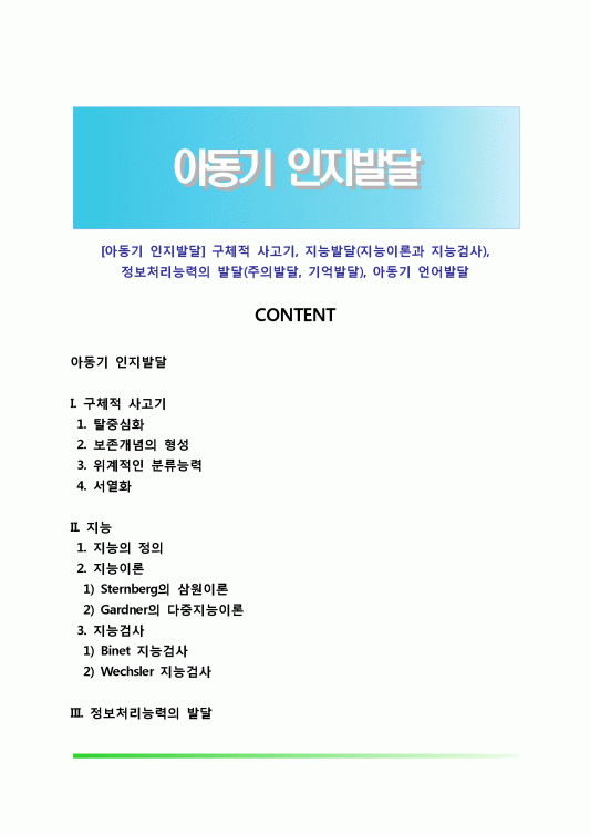 [아동기 인지발달] 구체적 사고기, 지능발달(지능이론과 지능검사), 정보처리능력의 발달(주의발달, 기억발달), 아동기 언어발달