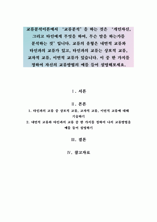교류분석이론에서 교류분석하는 것은 개인자신, 타인에게 무엇을 하며, 무슨말을 하는가를 분석. 교류 유형은 내면적 교류와 타인과 교류, 타인과 교류는 상보적 교류,교차적 교류,이면적 교류. 자신의 교류방법 예