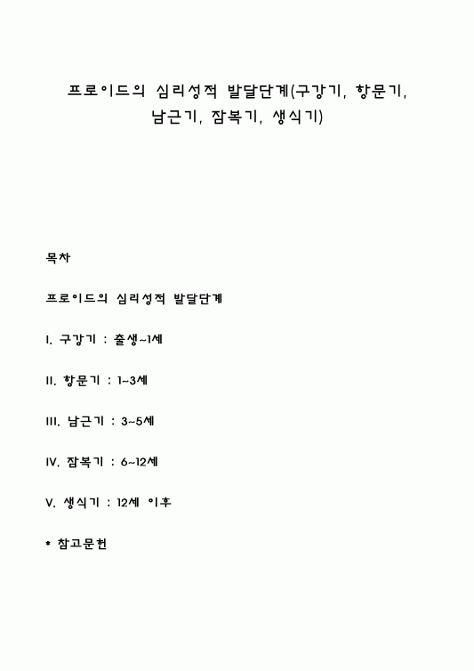 프로이트의 심리성적 발달단계(구강기 항문기 남근기 잠복기 생식기)