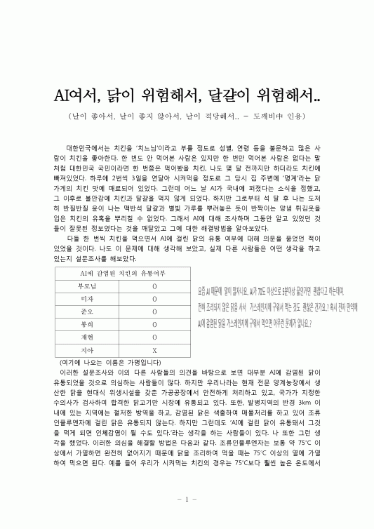 A.I관련 레포트 - AI여서, 닭이 위험해서, 달걀이 위험해서.. (날이 좋아서, 날이 좋지 않아서, 날이 적당해서.. - 도깨비中 인용)