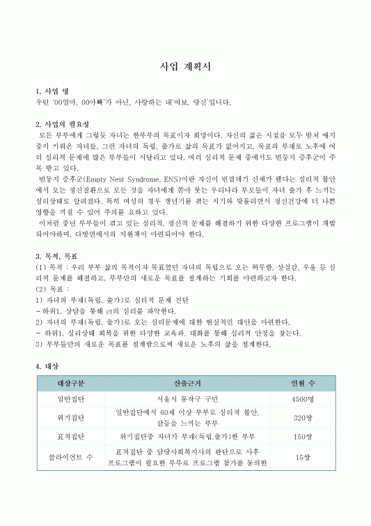 사업 계획서-우린 00엄마 00아빠가 아닌 사랑하는 내 여보 당신입니다