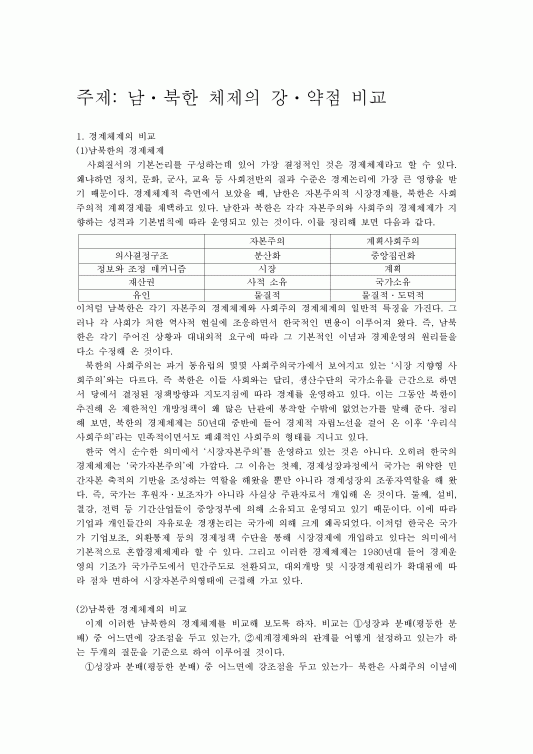 남북한사회비교 레포트- 남북한체제의 걍약점 비교