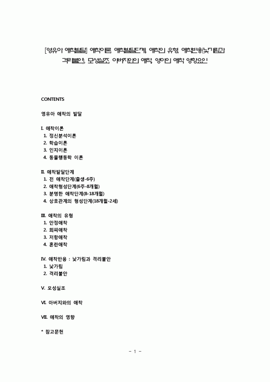 [영유아 애착발달] 애착이론 애착발달단계 애착의 유형 애착반응(낯가림과 격리불안) 모성실조 아버지와의 애착 영아의 애착 영향요인