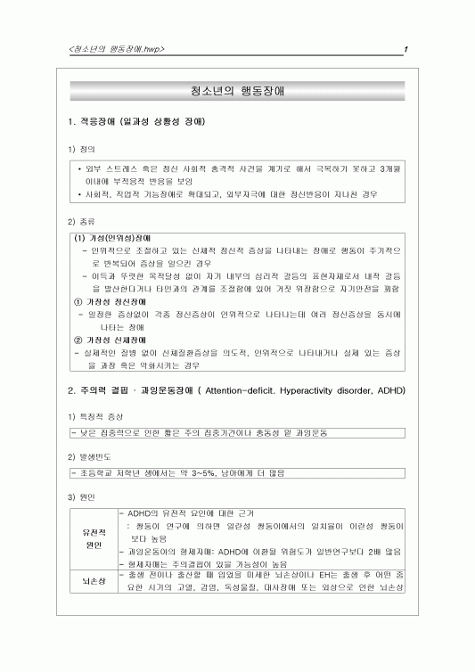 청소년의 행동장애 (청소년의 행동장애 적응장애 ADHD 틱장애 배설장애)
