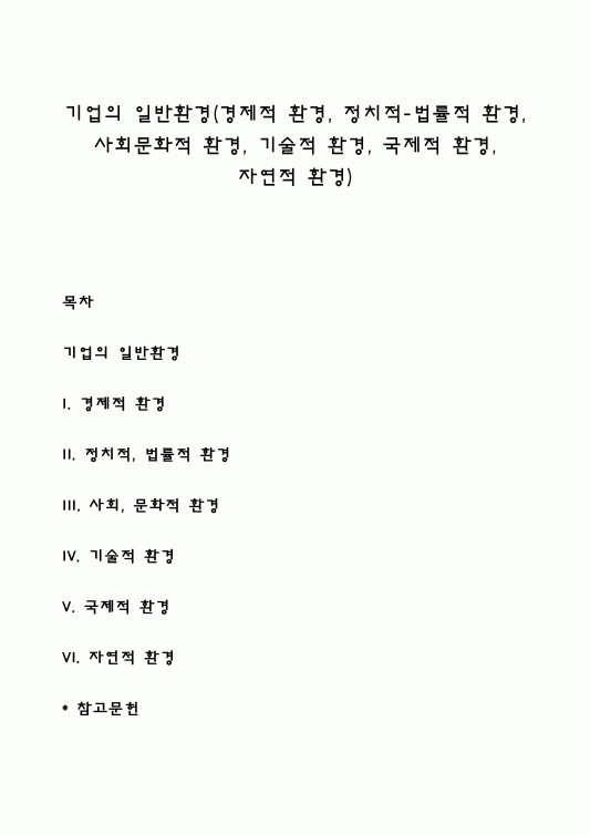 기업의 일반환경(경제적 환경 정치적-법률적 환경 사회문화적 환경 기술적 환경 국제적 환경 자연적 환경)