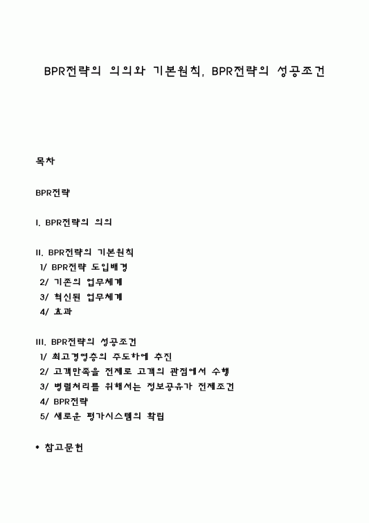 BPR전략의 의의와 기본원칙 BPR전략의 성공조건