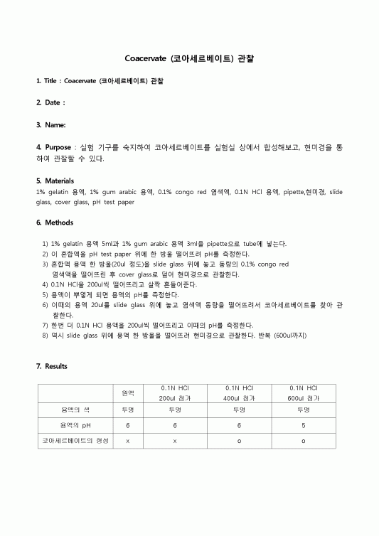 [일반생물학 실험] coacervate(코아세르베이트) 실험 결과레포트
