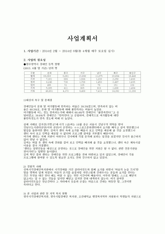 사업계획서 - 장애인 건강유지 - 맑은 정신 밝은 미래
