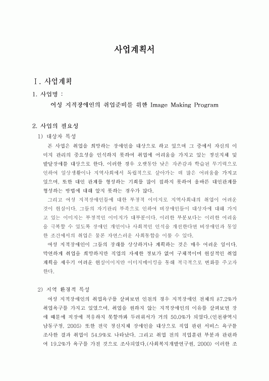 사업계획서 - 여성 지적장애인의 취업준비를 위한 Image Making Program