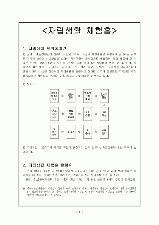 자립생활 체험홈 - 현황과 특징 - 대표사례 - 문제점 및 개선방안