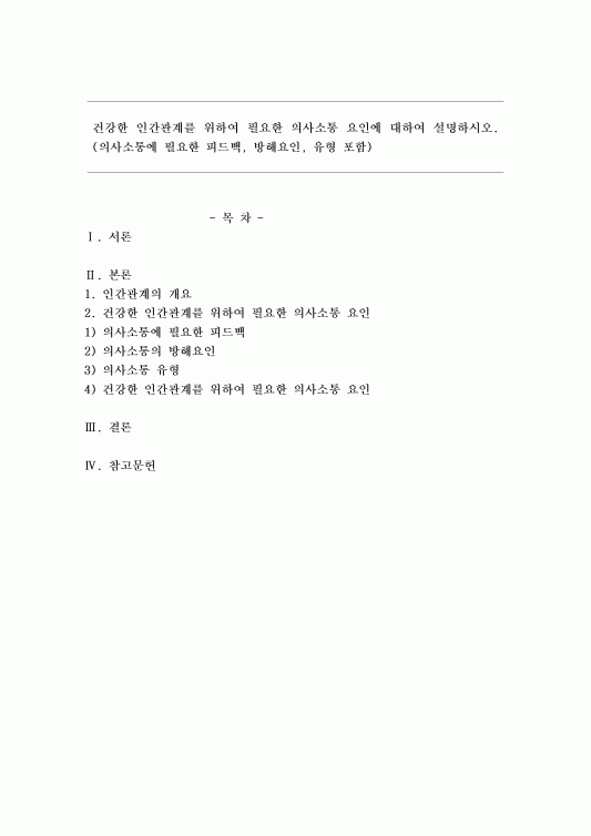 건강한 인간관계를 위하여 필요한 의사소통 요인에 대하여 설명하시오(의사소통에 필요한 피드백 방해요인 유형 포함)