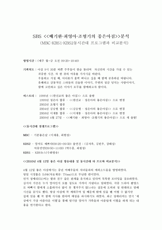 SBS 좋은아침 분석 - 동시간대 프로그램과 비교분석