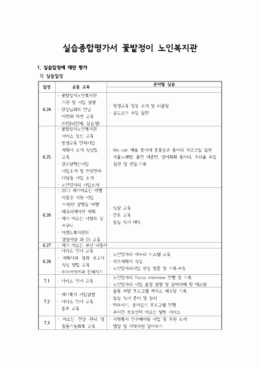 실습종합평가서 꽃밭정이 노인복지관