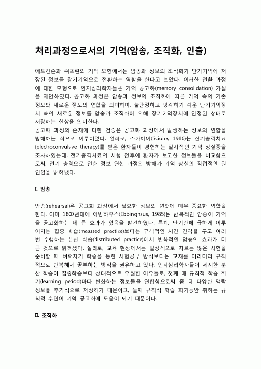처리과정으로서의 기억(암송 조직화 인출)