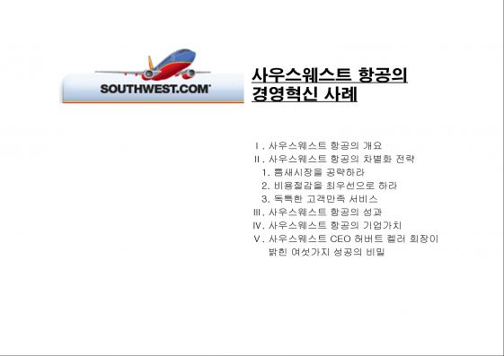 사우스웨스트 항공경영혁신 사례사우스웨스트 항공의 개요사우스웨스트 항공의 차별화 전략사우스웨스트 항공의 성과사우스웨스트 항공의 기업가치