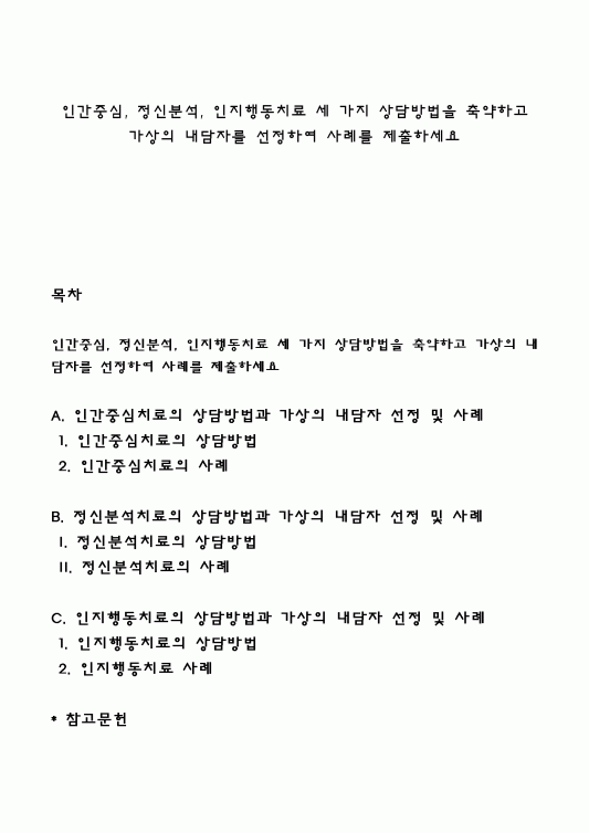 인간중심 정신분석 인지행동치료 세 가지 상담방법을 축약하고 가상의 내담자를 선정하여 사례를 제출하세요