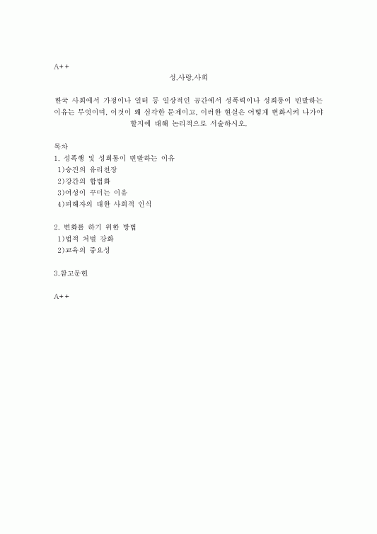 성사랑사회 ) 한국 사회에서 가정이나 일터 등 일상적인 공간에서 성폭력이나 성희롱이 빈발하는 이유는 무엇이며 이것이 왜 심각한 문제이고 이러한 현실은 어떻게 변화시켜 나가야 할지에 대해 논리적으로 서술하