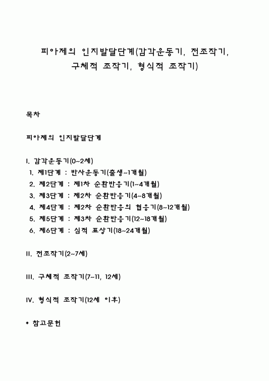 피아제의 인지발달단계(감각운동기 전조작기 구체적 조작기 형식적 조작기) 영유아발달 개념 정의 특징 특성