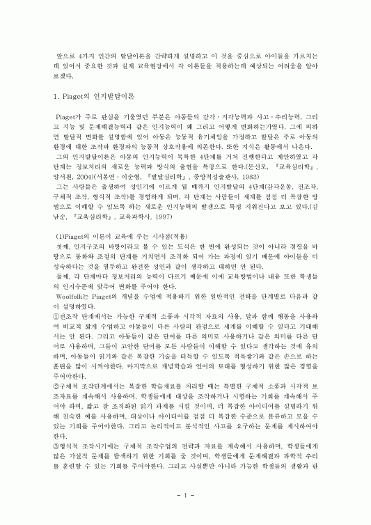 교육심리 (Piaget의 인지발달이론, Vygotsky의 인지발달이론, Erikson의 심리사회적 발달이론, Kohlberg의 도덕발달이론)