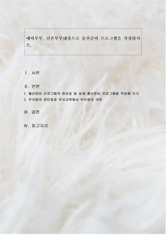 예비부부 신혼부부대상으로 출산준비 프로그램을 작성하시오