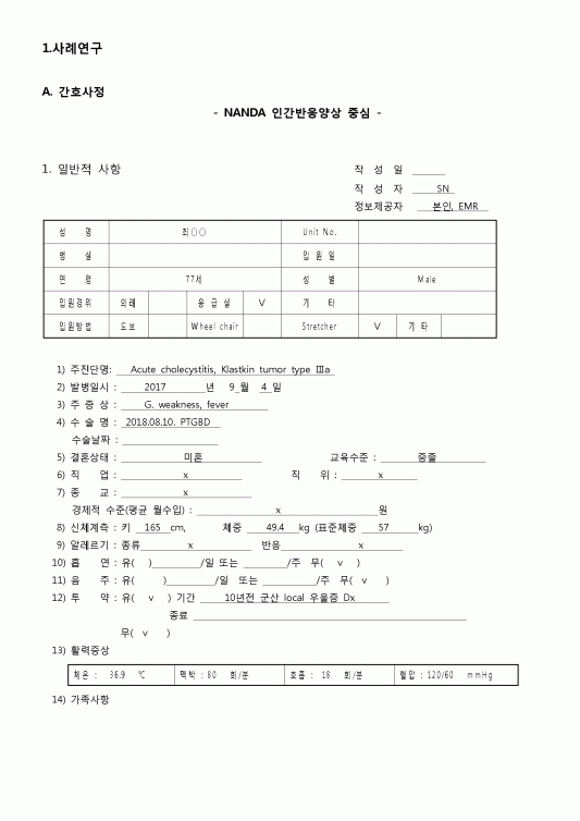 진단명 cute cholecystitis Klastkin tumor type Ⅲa 간호진단 조직 절개와 관련된 만성통증 침습적 시술과 관련된 감염위험성