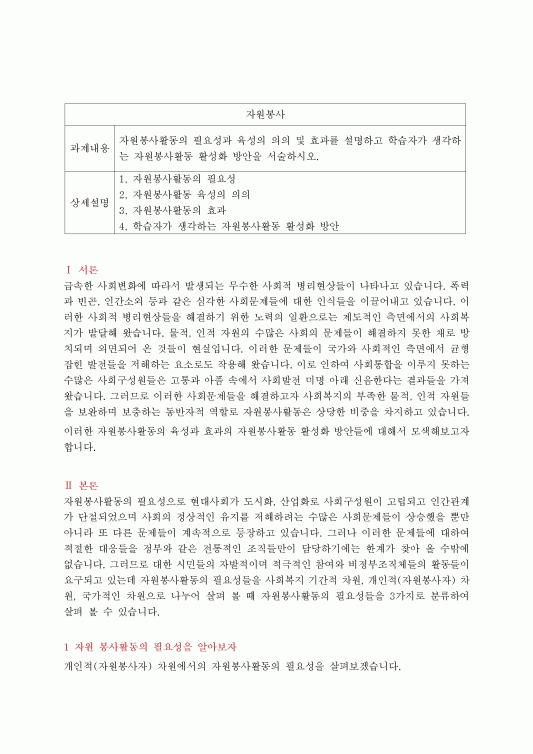 자원봉사활동의 필요성과 육성의 의의 및 효과를 설명하고 학습자가 생각하는 자원봉사활동 활성화 방안을 서술하시오 - 필요성, 육성의의, 효과 및 활성화 방안