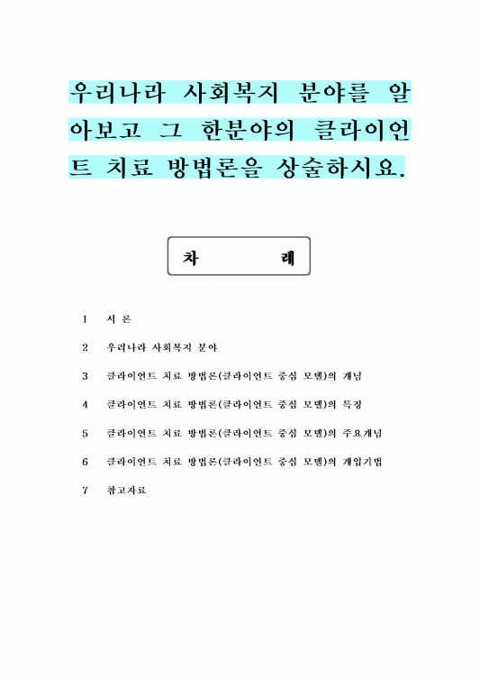 우리나라 사회복지 분야를 알아보고 그 한분야의 클라이언트 치료 방법론을 상술하시요