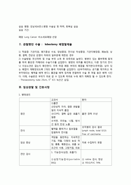 폐암 케이스 간호진단 15개 간호과정2개 이론적근거