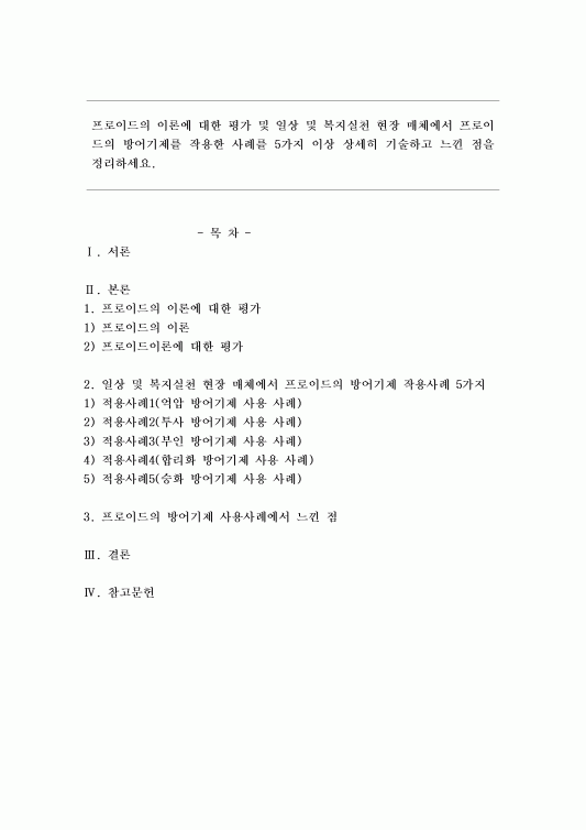 프로이드의 이론에 대한 평가 및 일상 및 복지실천 현장 매체에서 프로이드의 방어기제를 작용한 사례를 5가지 이상 상세히 기술하고 느낀 점을 정리하세요