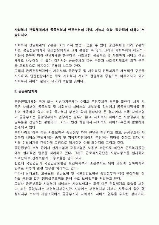 [사이버대학] 사회복지 전달체계에서 공공부분과 민간부분의 개념 기능과 역할 장단점에 대하여 서술하시오