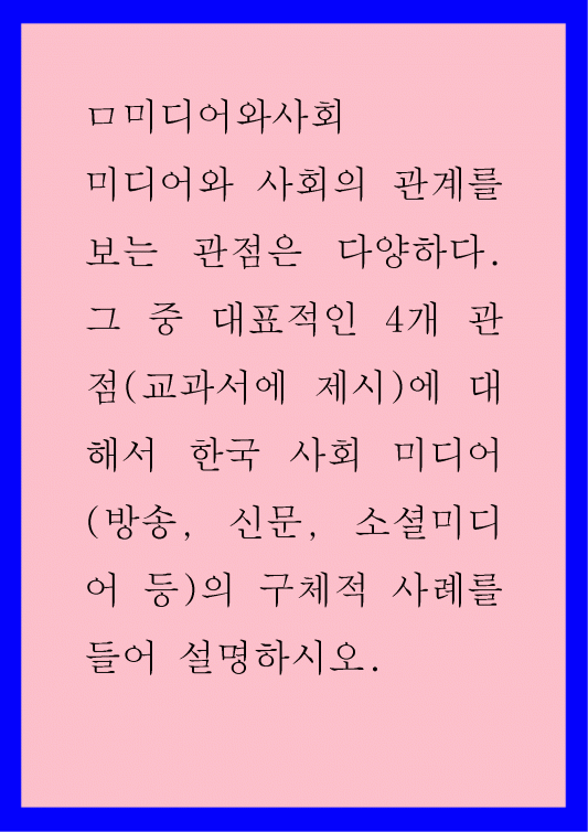 미디어와 사회의 관계를 보는 관점은 다양하다. 그 중 대표적인 4개 관점(교과서에 제시)에 대해서 한국 사회 미디어(방송, 신문, 소셜미디어 등)의 구체적 사례를 들어 설명하시오.