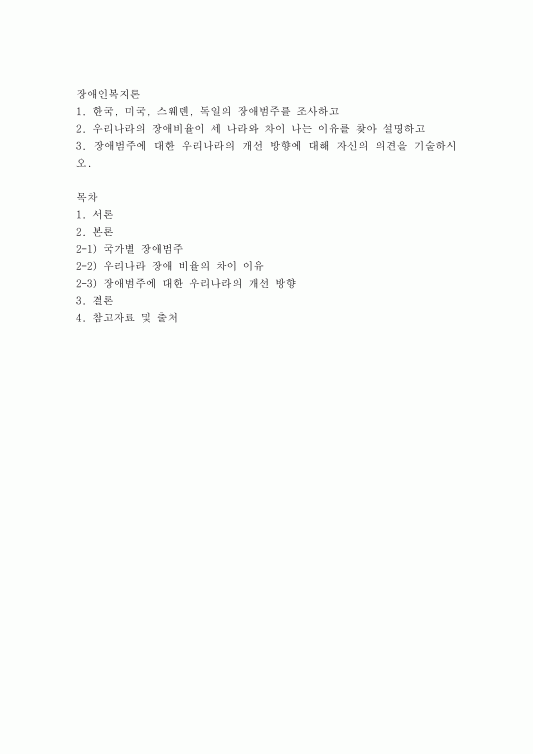 장애인복지론 ) 1 한국 미국 스웨덴 독일의 장애범주를 조사하고 2 우리나라의 장애비율이 세 나라와 차이 나는 이유를 찾아 설명하고 3 장애범주에 대한 우리나라의 개선 방향에 대해 자신의 의견을 기술하시오