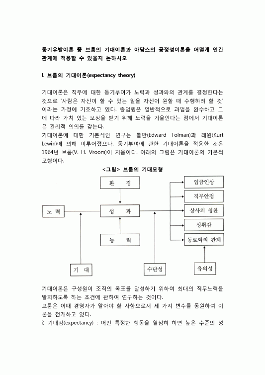 인간행동과 사회환경) 동기유발이론 중 브룸의 기대이론과 아담스의 공정성이론을 어떻게 인간관계에 적용할 수 있을지 논하시오