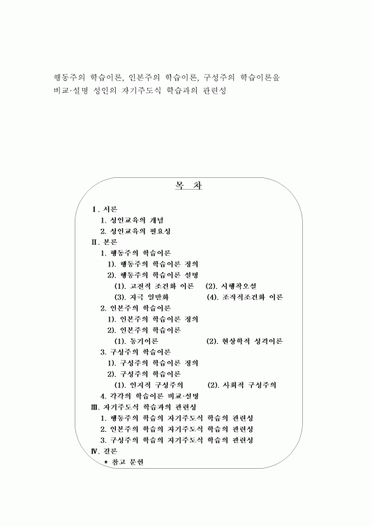 행동주의 학습이론 인본주의 학습이론 구성주의 학습이론을 설명 성인의 자기주도식 학습 관련성 레포트