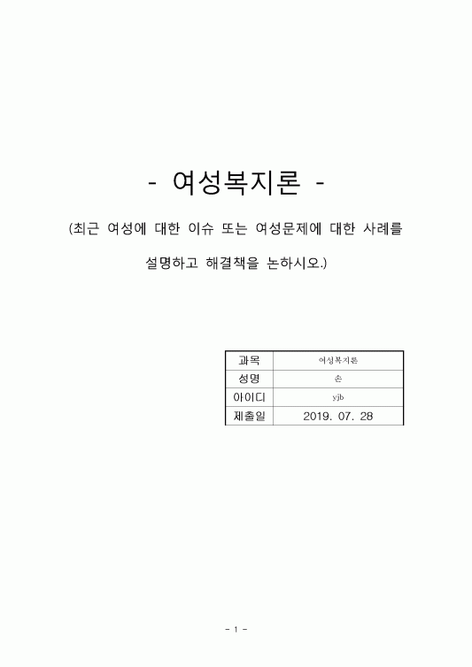 여성복지론최근 여성에 대한 이슈 또는 여성문제에 대한 사례를 설명하고 해결책을 논하시오