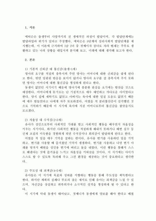 [아동발달] 에릭슨의 심리사회적 발달이론 단계에 근거한 자기분석 및 미래예측에 대한 보고서를 작성하시오.