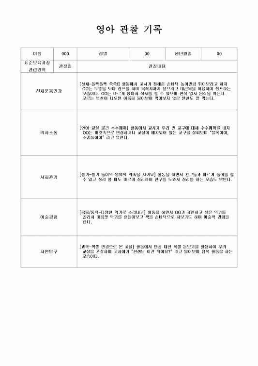 유아 관찰 기록일지 만 3세