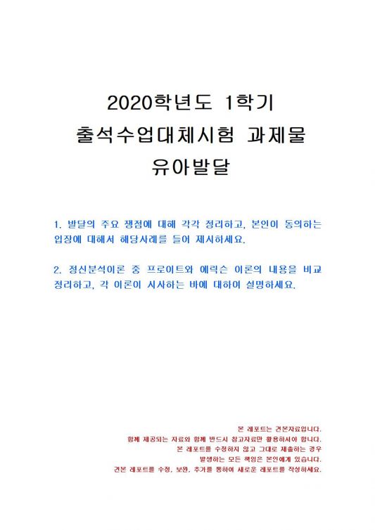 2020년 1학기 유아발달 출석수업대체시험 과제물(발달의 주요 쟁점, 정신분석이론)