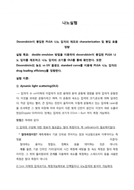 Doxorubicin이 봉입된 PLGA 나노 입자의 제조와 characterization 및 봉입 효율 정량
