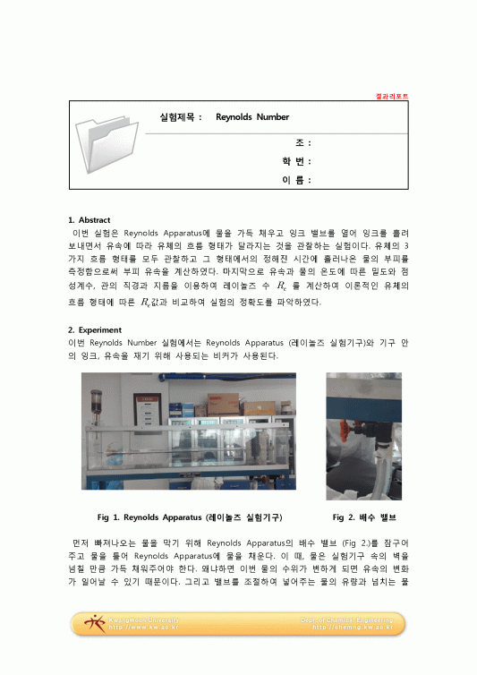 Reynolds Number 실험_결과레포트