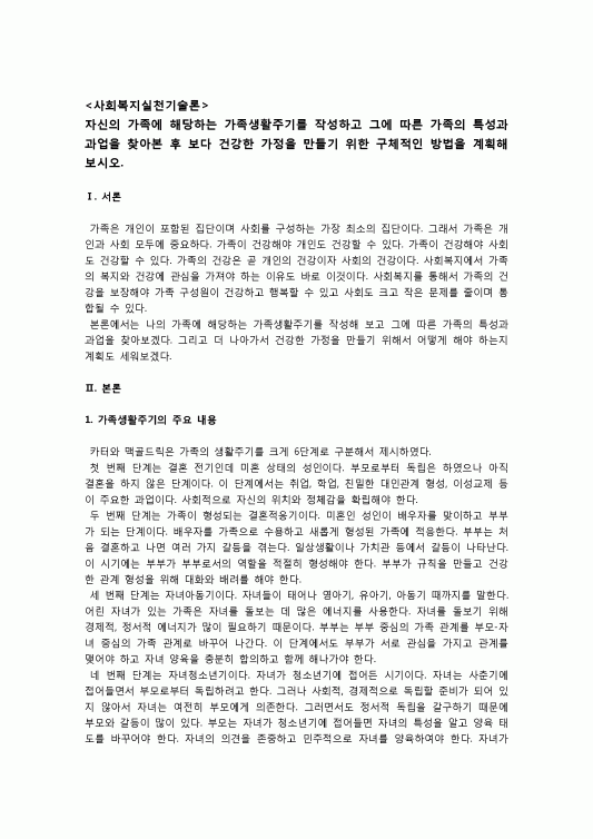 사회복지실천기술론_자신의 가족에 해당하는 가족생활주기를 작성하고 그에 따른 가족의 특성과 과업을 찾아본 후 보다 건강한 가정을 만들기 위한 구체적인 방법을 계획해 보시오.
