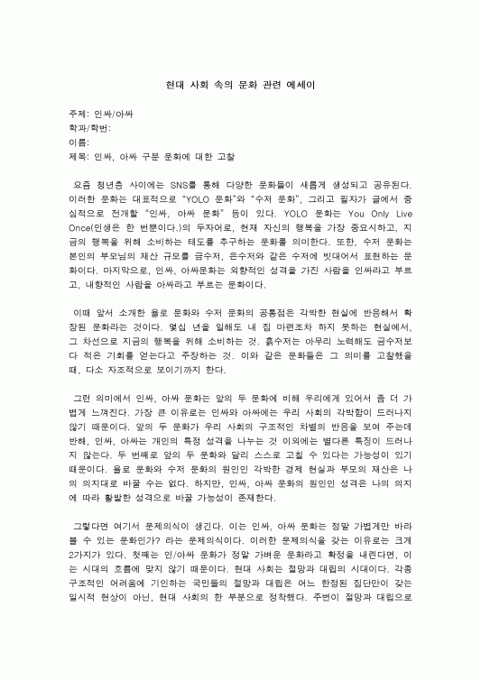 인싸, 아싸에 대한 고찰 에세이