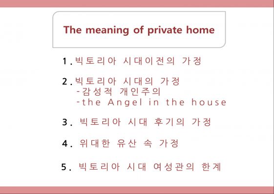 빅토리아 시대이전의 가정,빅토리아 시대 후기의 가정,위대한 유산 속 가정,빅토리아 시대 여성관의 한계