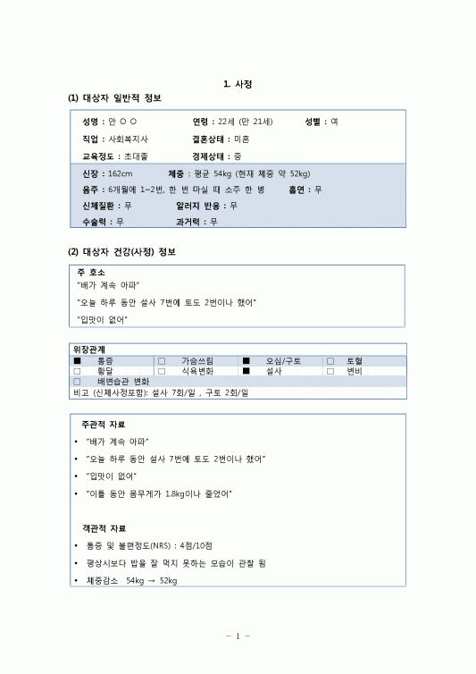 성인 급성위장염 간호