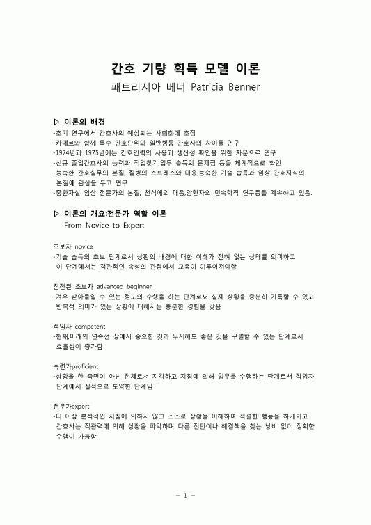 패트리시아베너 - 간호기량획득모델이론