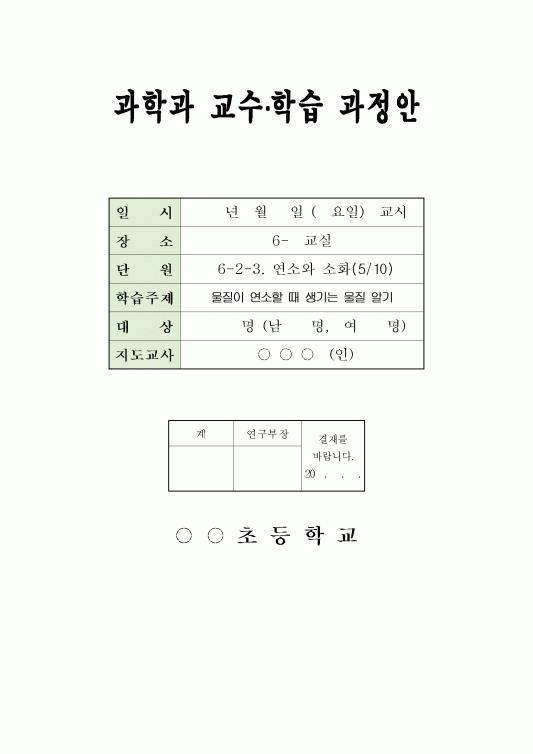 물질이 연소할 때 생기는 물질 알기, 6학년 2학기 3단원, 2015개정 초등 과학 지도안