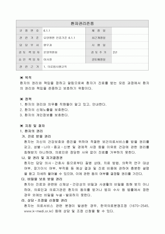 6.1.1 환자 권리와 책임 보호-요양병원 규정집
